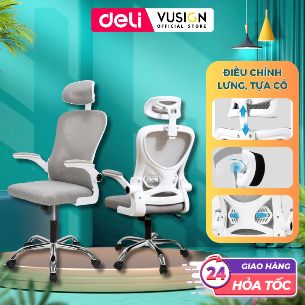 HỎa TỐc Ghế Xoay Văn Phòng Deli Lưới Lưng Kép Tựa Đầu Điều Chỉnh Độ Cao Chống Mỏi Tay Lưng