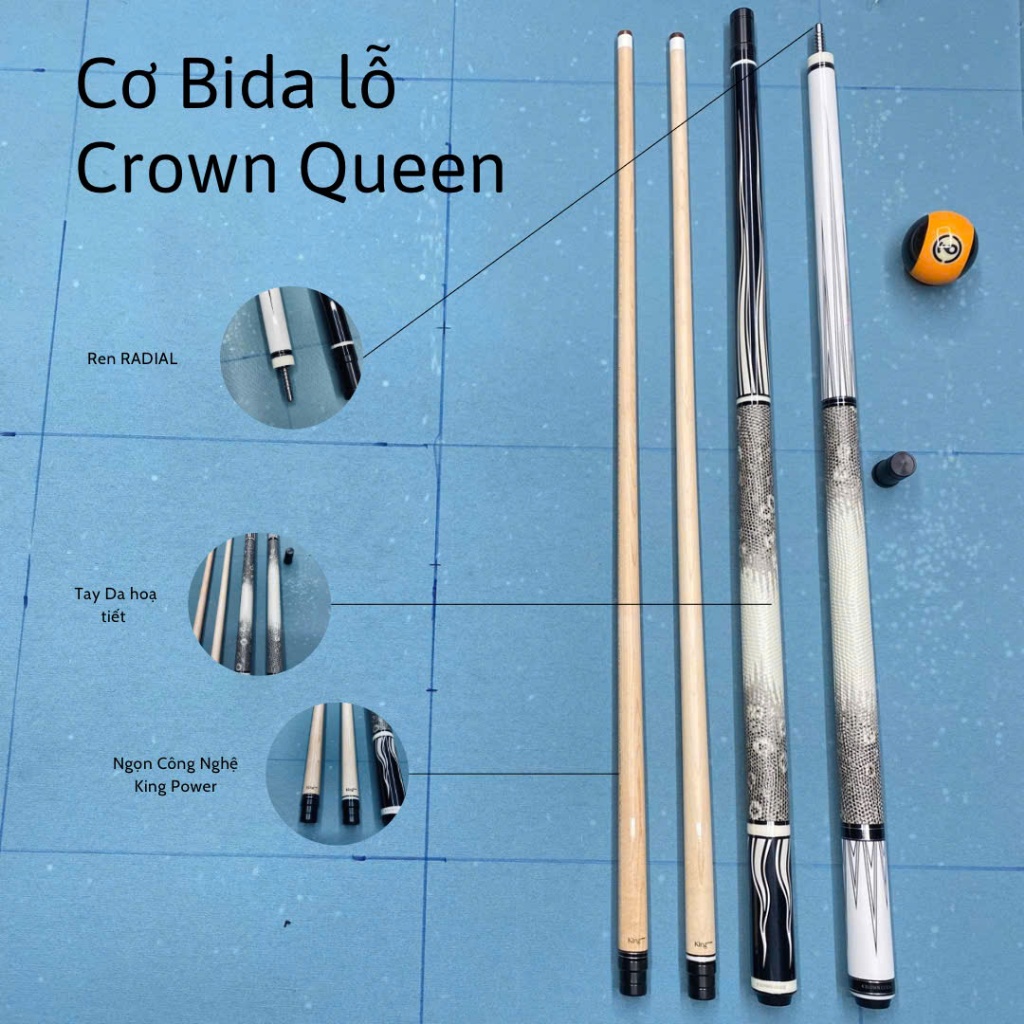 Cơ bida lỗ Crown Queen ( ngọn mộc công nghệ ) ( tặng kèm 9 món phụ kiện ...
