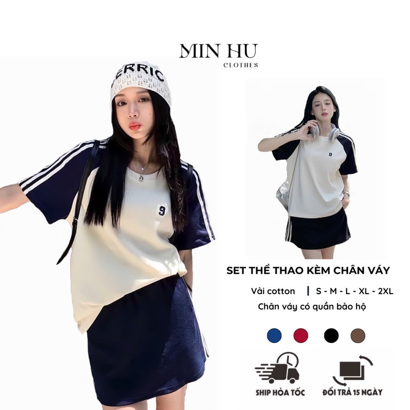 Bộ thể thao nữ chất cotton set bộ thể thao nữ áo thun kèm chân váy phối ...
