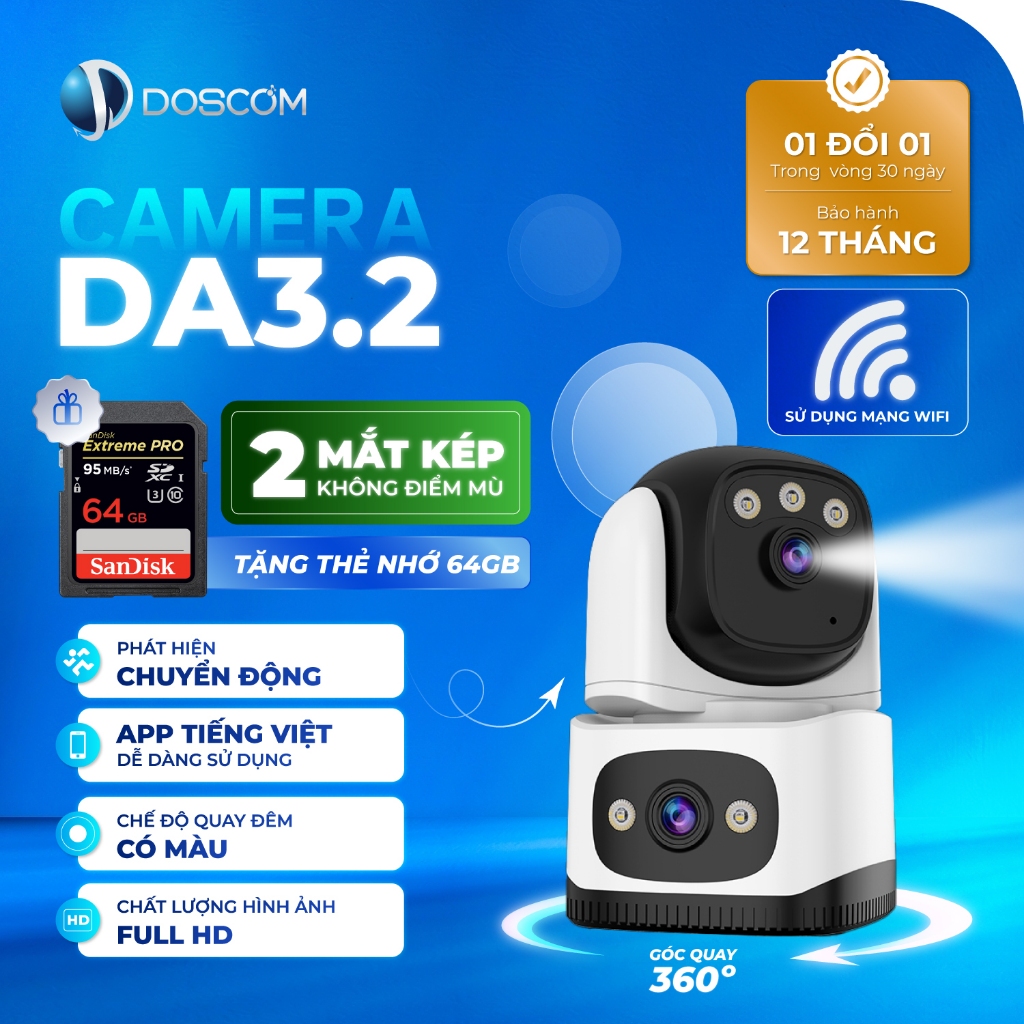 Camera Wifi 2 Mắt Trong Nhà Doscom DA 3.2 - Camera Kép Siêu Nét 6MP ...