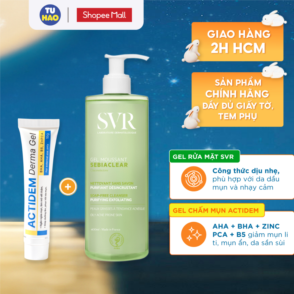 Combo da mụn Gel rửa mặt SVR Sebiaclear 400ml + Gel giảm mụn Actidem ...