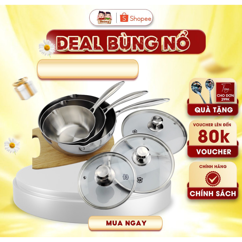 Chảo sâu lòng Lunkai có nắp kính 16cm/20cm/24cm cấu tạo 3 lớp dày dặn ...