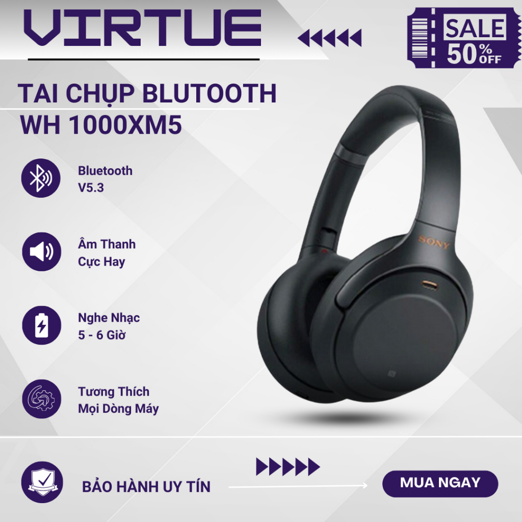 Tai Chụp Bluetooth Sony WH 1000XM5 , Bluetooth V5.3 , Âm thanh chân thật ,Chống ồn chủ động ...