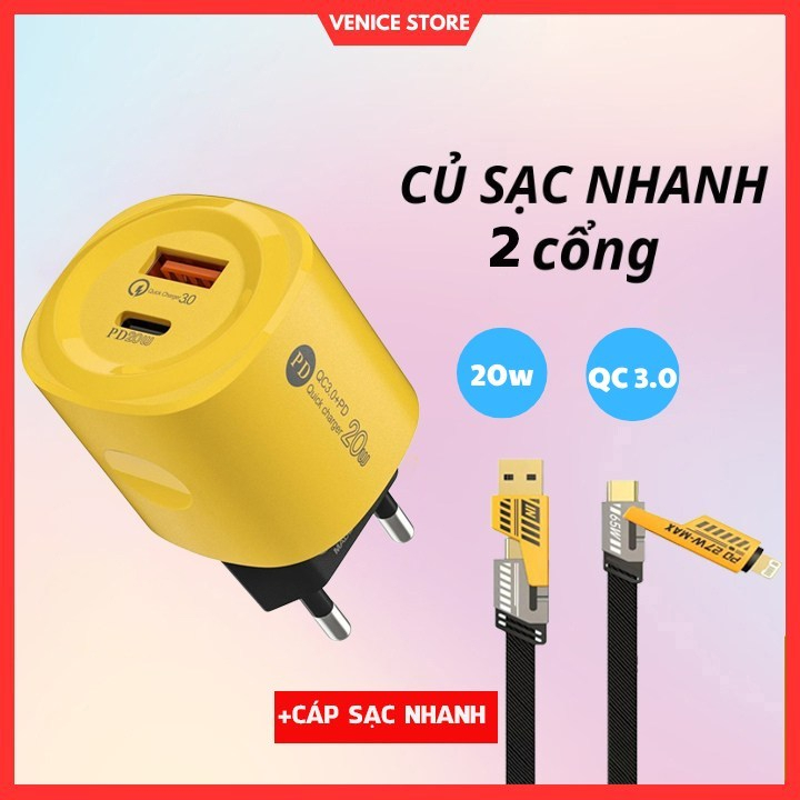 Củ sạc nhanh 20w 2 cổng kết nối (1PD+1USB) bộ chuyển đổi nguồn 3.0 hỗ trợ sạc nhanh cho nhiều ...