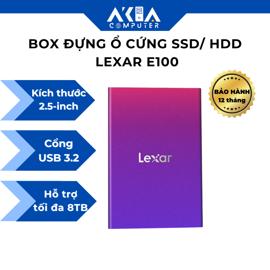 Box ổ cứng SSD/ HDD Lexar E100 2.5 inch USB 3.2, hỗ trợ SATA III, chính ...