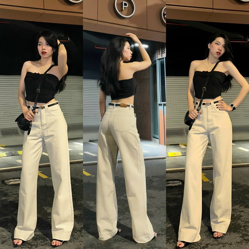 YURI JEANS - Quần Jean Nữ Ống Suông Phối Day Lưng Xéo Chữ N Màu Be ...