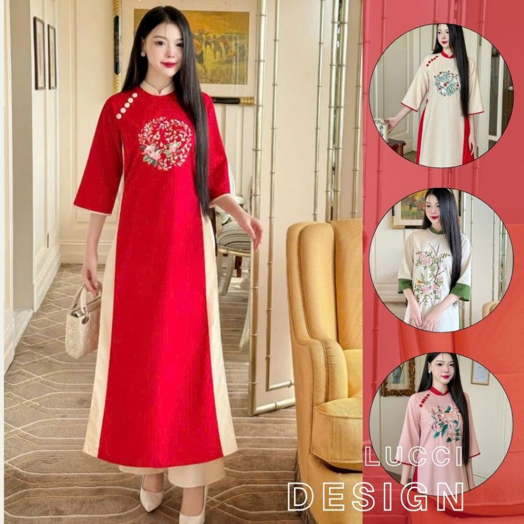 Áo dài cách tân dáng suông vải Linen thêu hoa cao cấp by Lucci.Design ...