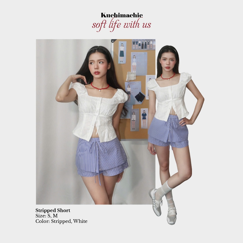 Kuchimachic - Quần Short Giả váy hai Phiên bản Kẻ xanh / Trắng chất thô ...