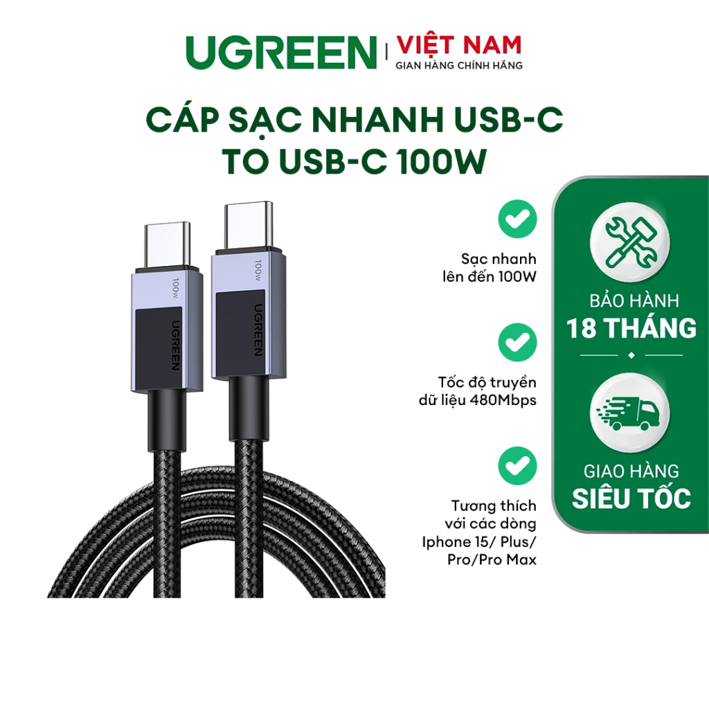 Cáp sạc nhanh USB-C to USB-C dài 1M Ugreen | Sạc nhanh PD 100W | Chính hãng - Bảo hành 18 tháng ...