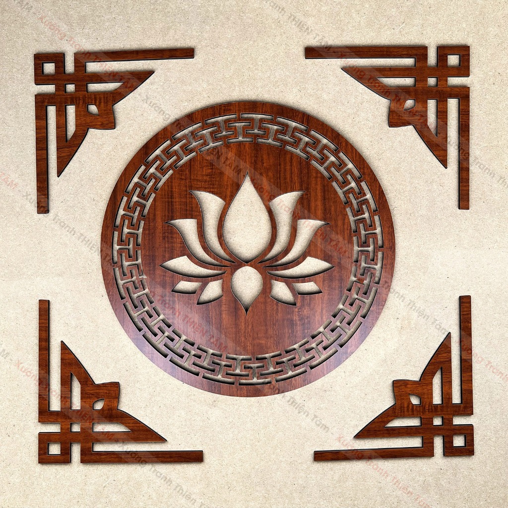 [ GOCHOA ] Bộ 1 Hoa Sen gỗ + 4 Góc trang trí bàn thờ bằng gỗ MDF (CÓ KÈM BĂNG KEO DÁN TƯỜNG ...