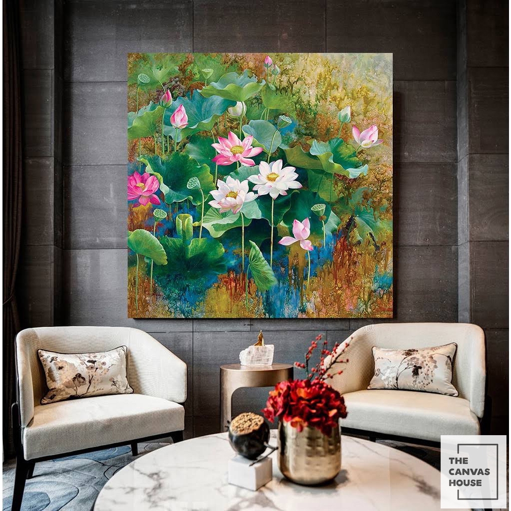 Tranh in Canvas Hoa Sen Hồng Trắng (Hình thật tại xưởng - Đã có khung, móc, đinh treo) - The ...