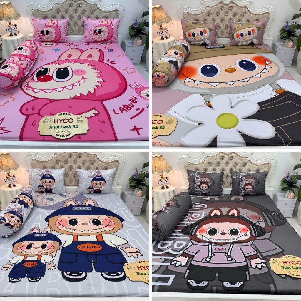 Mẫu LABUBU. Bộ ga giường thun lạnh Hyco 5D (áo gối ôm khóa kéo ...