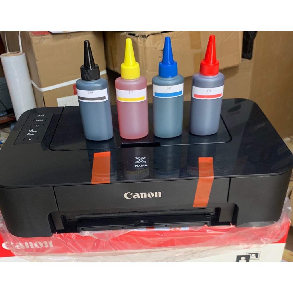 Máy in màu Canon pixma TS207 có 4 chai tiếp mực ngoài 100ml/1 màu | Shopee Việt Nam