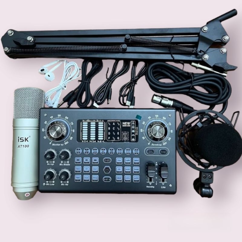bộ mic live thu âm sound card C100 nguồn 48V + Mic ISK AT100 + Chân Kẹp ...
