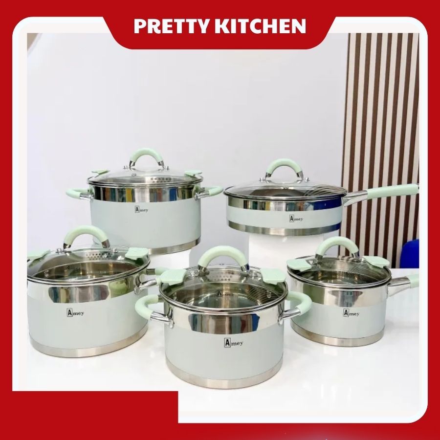 Bộ nồi inox AMEY 9 đáy, Bộ nồi 5 món 9 đáy AMEY Đức cao Cấp dùng cho ...