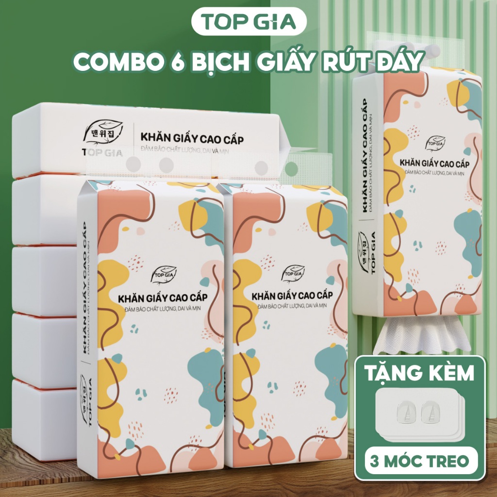 Khăn giấy cao cấp TopGia Đa Sắc 6 bịch, giấy rút treo tường 1280 tờ 4 lớp bằng bột gỗ nguyên ...