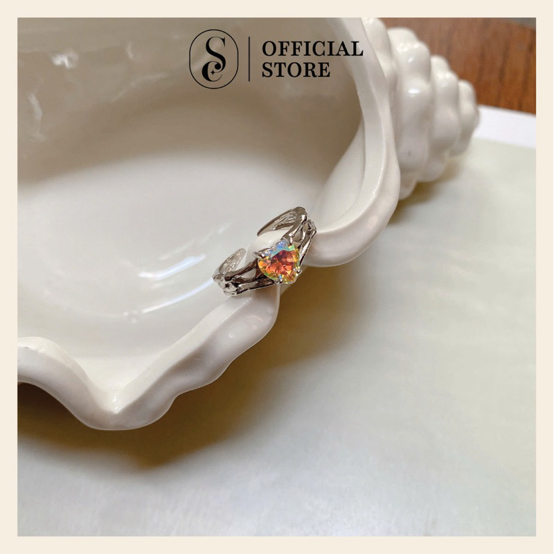 Nhẫn bạc unisex SOFF CLUB S925, nhẫn đai sần bản to đính đá trái tim cầu vồng năng động, trẻ ...