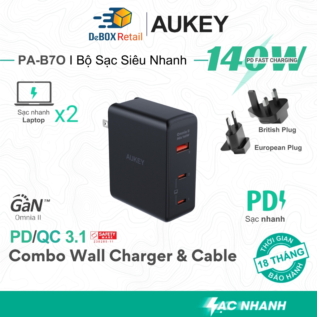 Bộ Sạc đa năng du lịch AUKEY PA-B7O Omnia II Mix 140W, 3 cổng GaN PD 3. ...