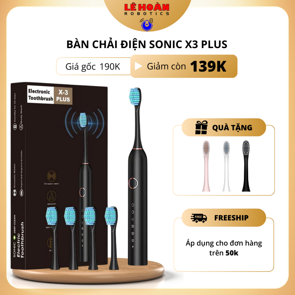 Bàn chải đánh răng điện SONIC X3 Plus Công nghệ Sóng Âm Kèm 4 đầu thay ...