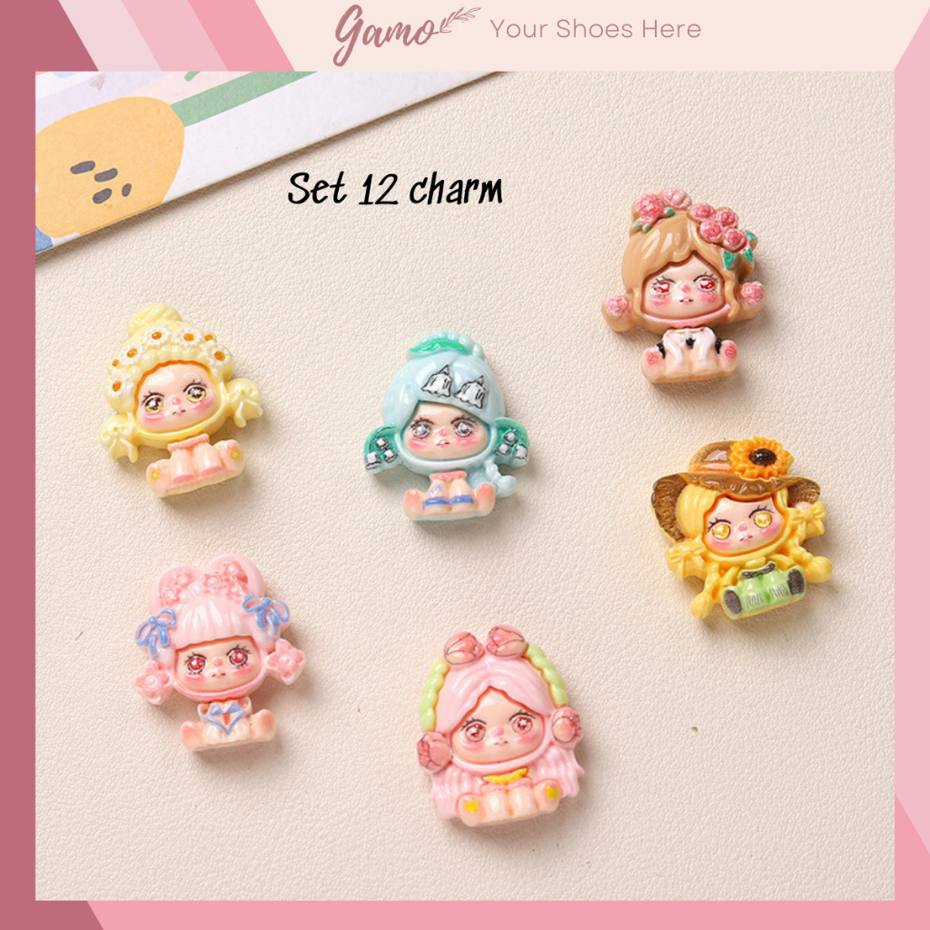 Bộ 12 Sticker, Charm 3D chủ đề Pop mart nhỏ DIY Gamo gắn Dép Cross, Dép ...