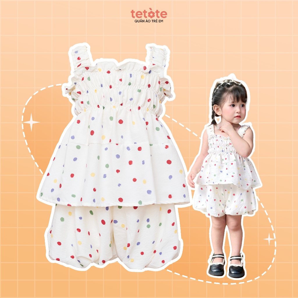 Bộ Hai Dây Bé Gái Áo Xòe Quần Bí TETÒTE họa tiết chấm bi đa sắc, chất đũi mềm mại thoáng khí ...