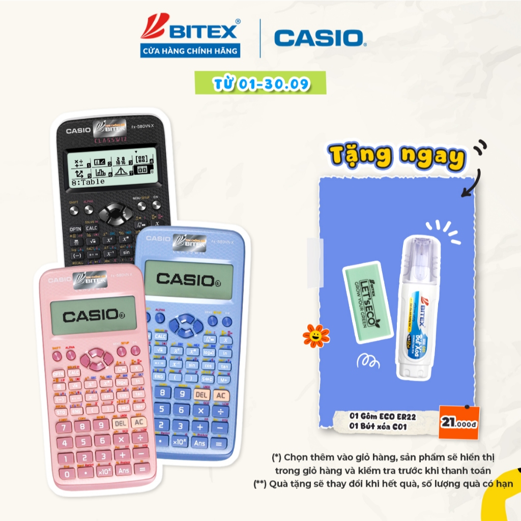Máy tính Casio Fx-580VNX màu đen/ xanh/ hồng dành cho học sinh, sinh ...