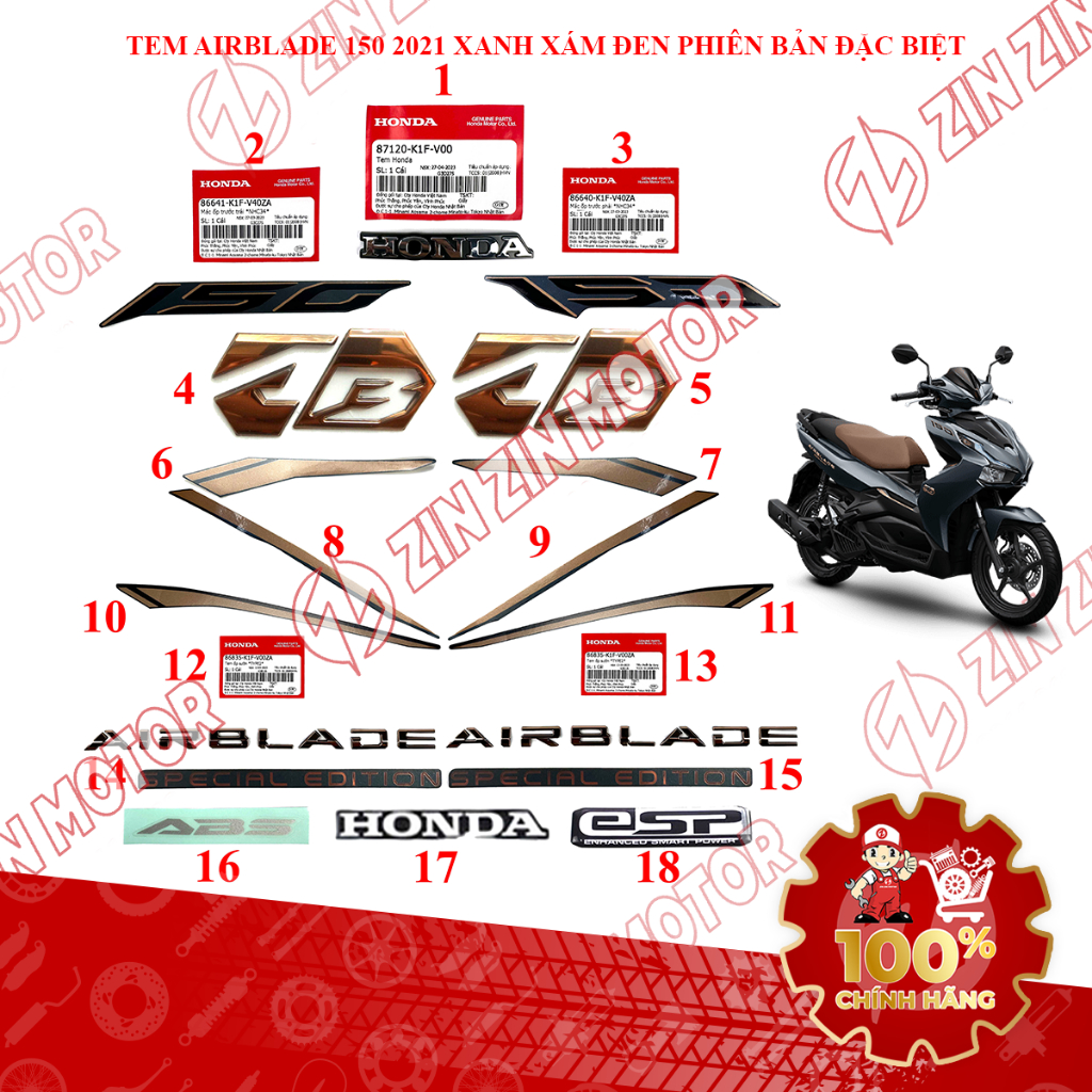 Tem AB 2020 Zin, Tem Rời Xe AirBlade 150 Xanh Xám Đen 2021 Phiên Bản ...