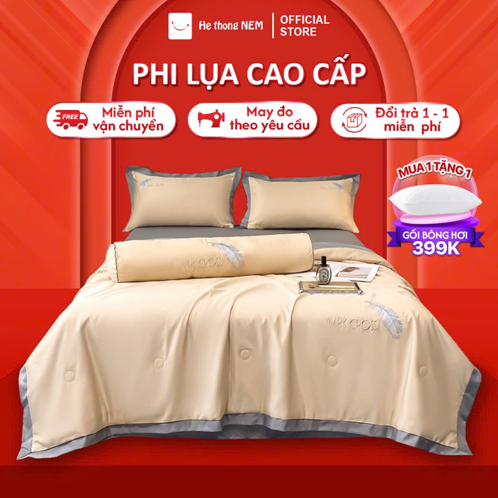 Bộ ra giường lụa HỆ THỐNG NỆM cao cấp Bộ set chăn ga drap grap phủ trải giường gối nệm đệm 5 món ...
