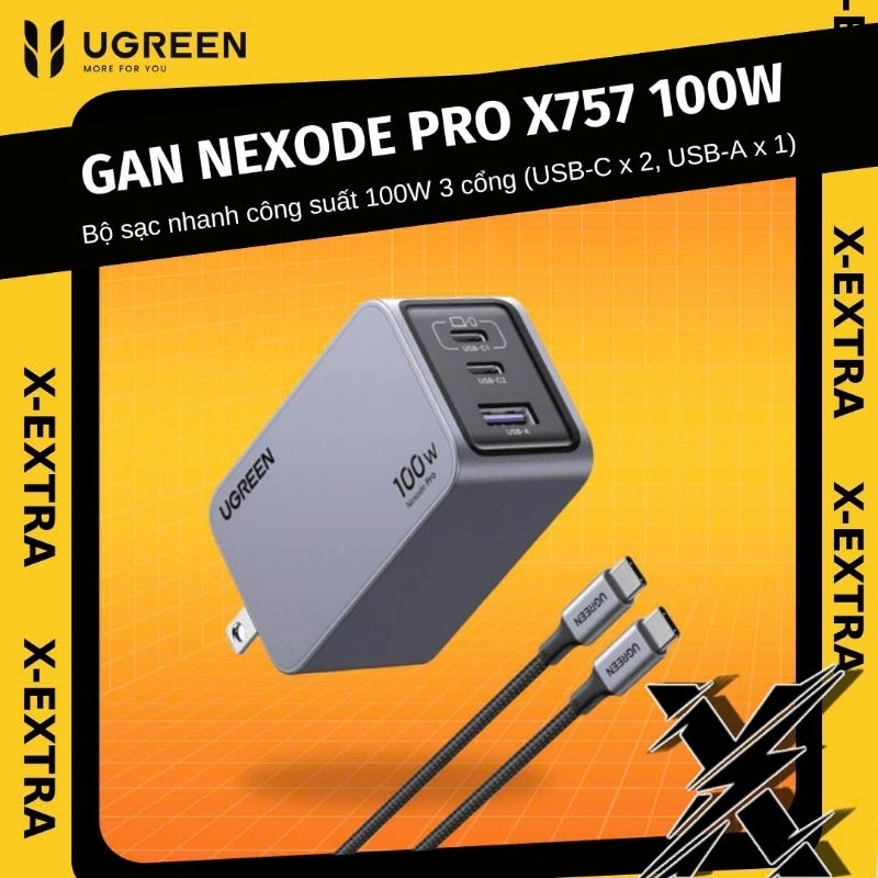 Bộ sạc nhanh UGREEN 100W NexodePro GaN X757 với 2 cổng Type C, hỗ trợ PD/PPS/QC, có tặng kèm cáp ...
