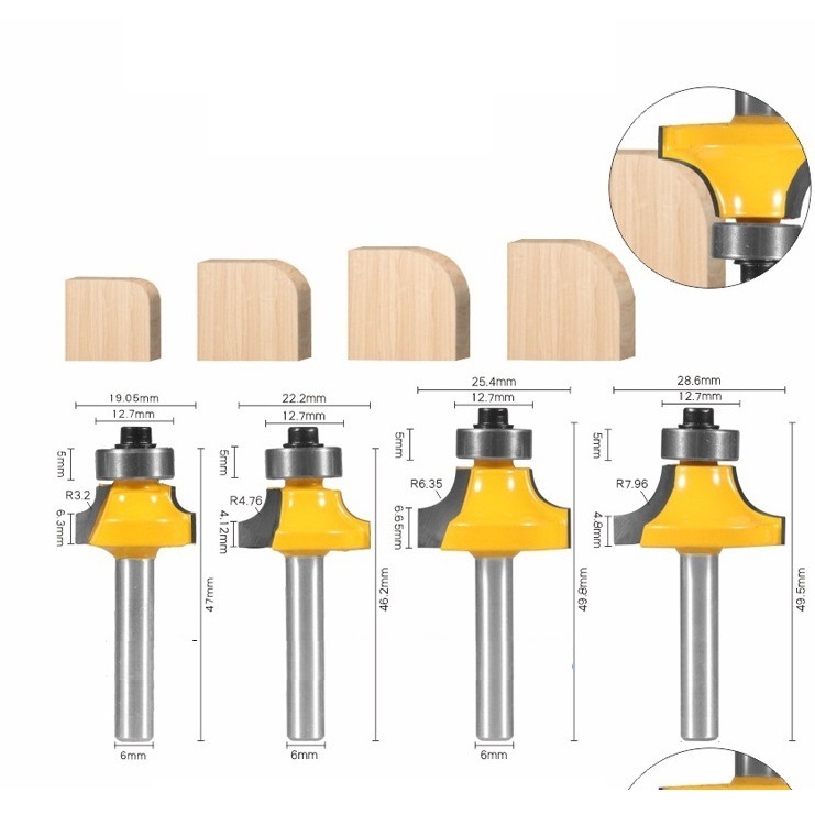 Mũi phay gỗ bo cạnh góc tròn R cốt 6mm - mũi dao phay gỗ bo cạnh góc ...