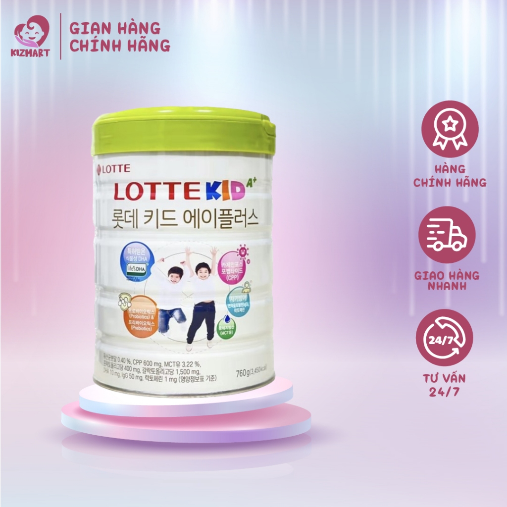 Sữa bột Lotte Kid A+ giúp phát triển chiều cao lon 760g cho bé từ 1 đến ...