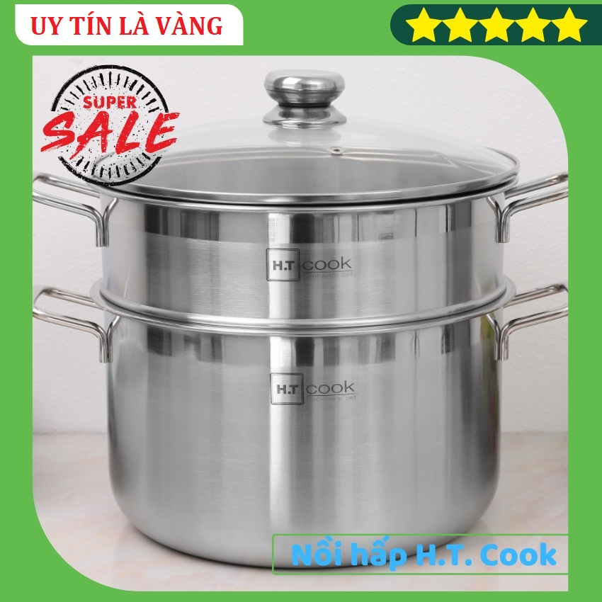 Bộ Nồi Xửng Hấp Inox HT COOK (Sire 26-28-30-32cm) 2 Tầng Vung Kính, Dùng tốt trên mọi loại bếp ...