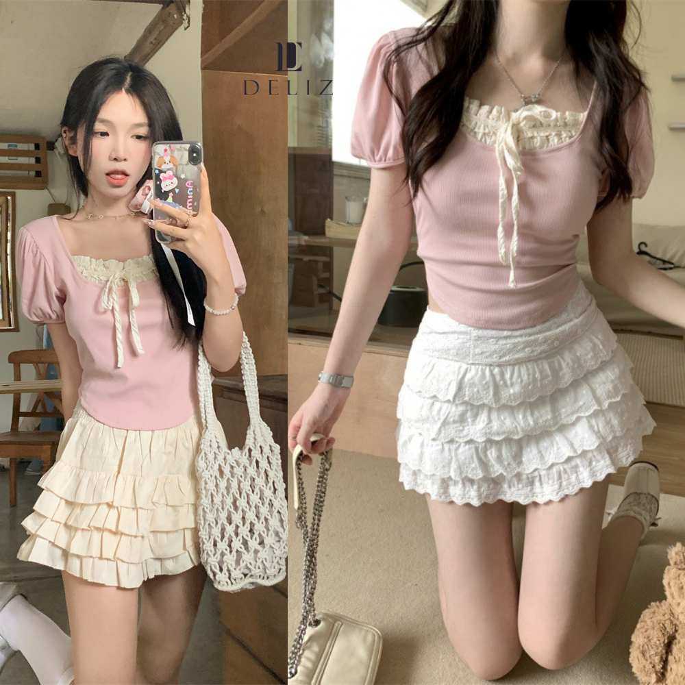 Áo coquette tay ngắn cổ tròn đính nơ dáng croptop style brandy hàn quốc ...