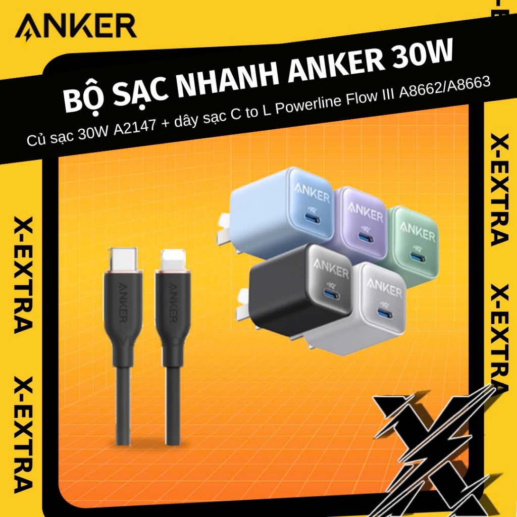 Bộ sạc nhanh Anker 30W A2147 511 và dây sạc C to L Powerline Flow III A8662 A8663 | Shopee Việt Nam