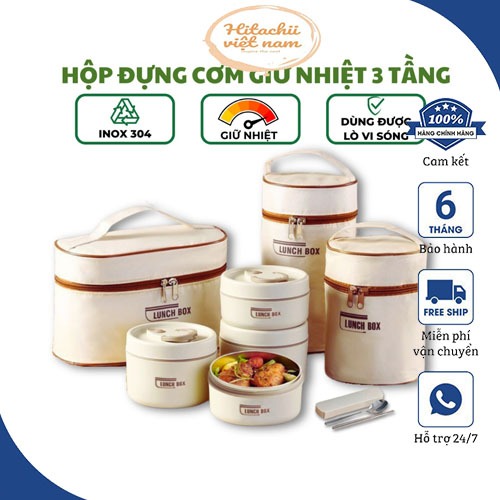 Hộp đựng cơm giữ nhiệt văn phòng lúa mạch Lunch box 3 tầng Inox 304 ...