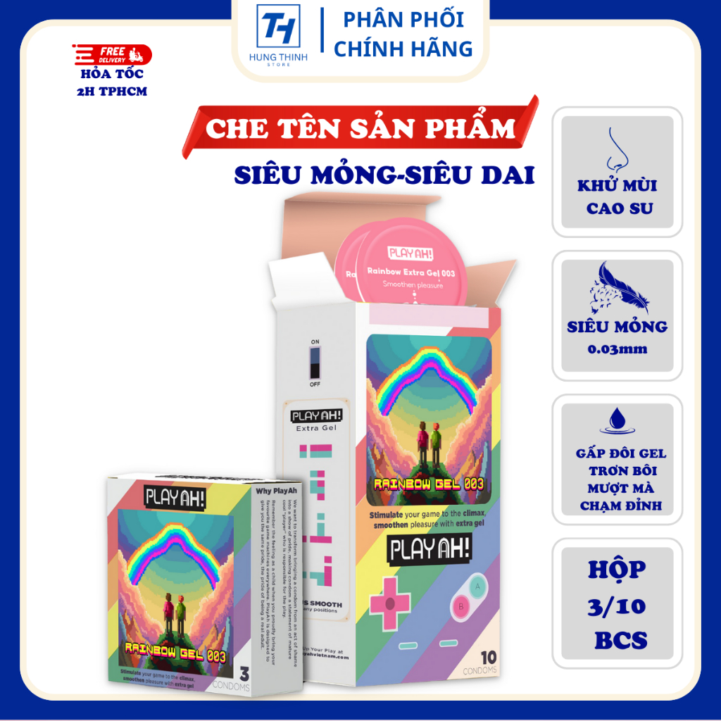 Bao Cao Su PlayAh Rainbow gel 003 siêu mỏng, nhiều gel, size 52mm hộp 3 ...