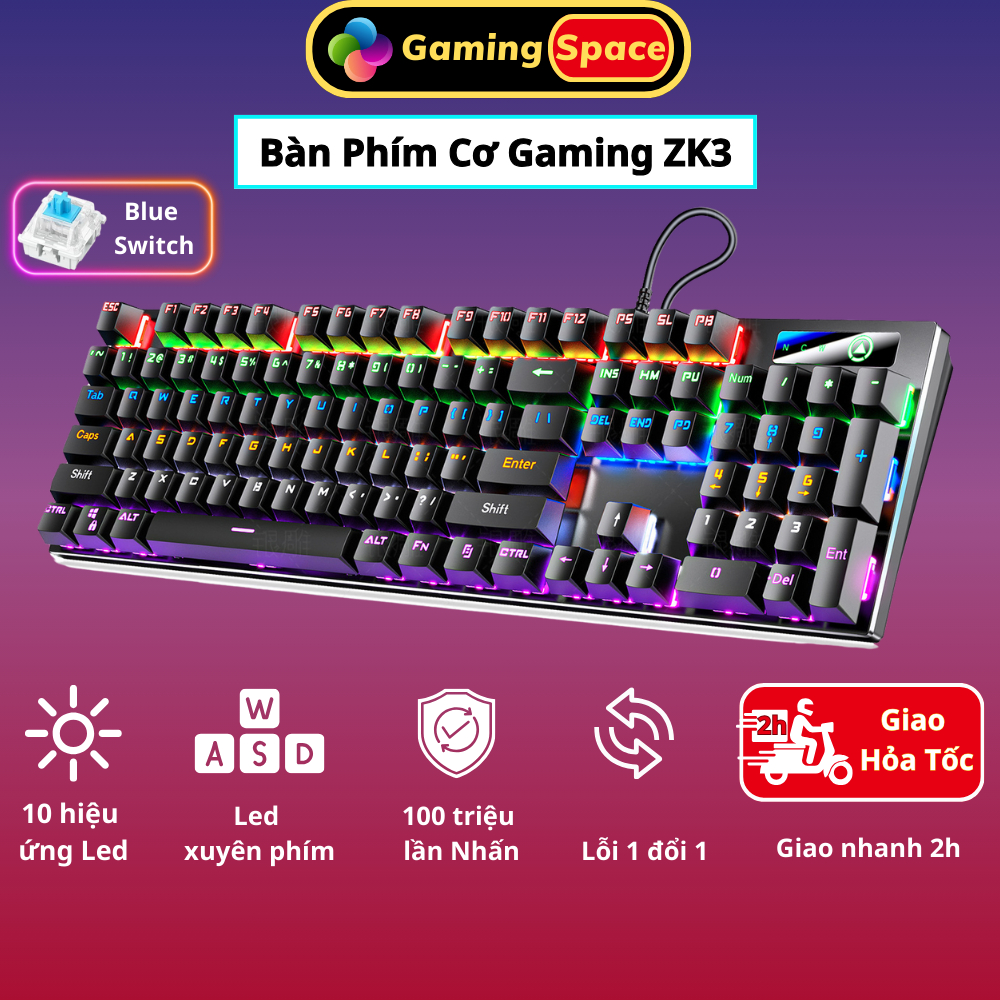 Bàn phím cơ Gaming có dây ZK3 pro 104 key Blue switch Full size kèm ...