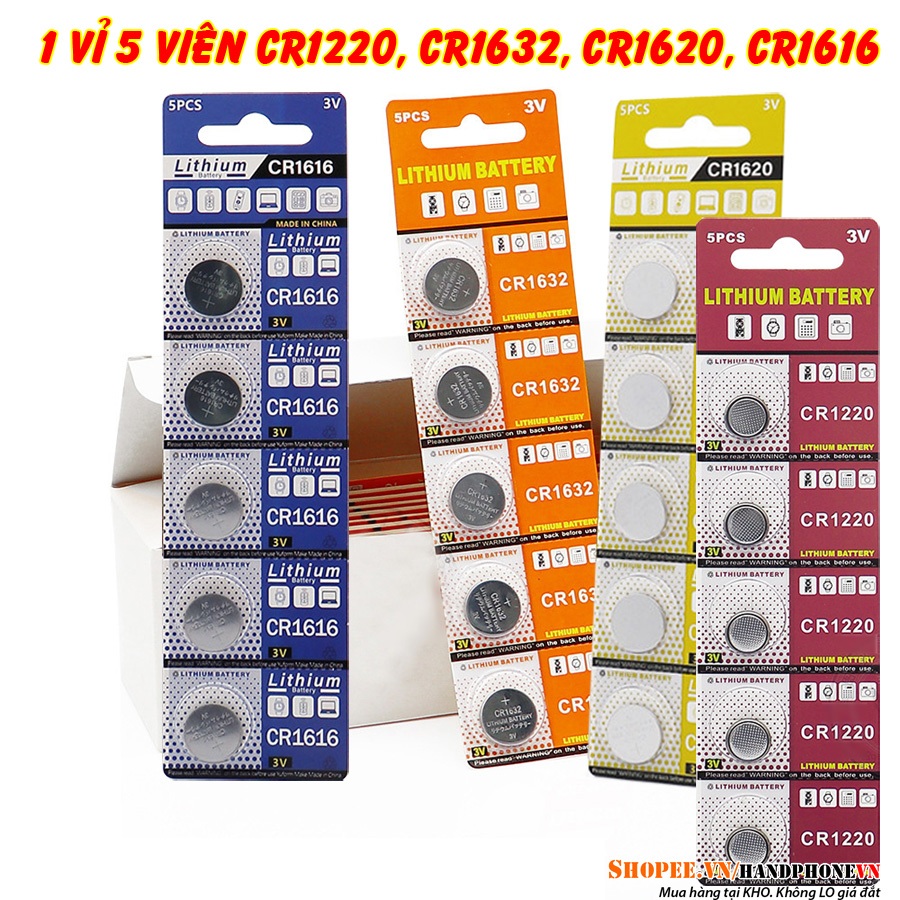 1 vỉ 5 viên pin cúc 3V CR1220 CR1632 CR1620 CR1616 pin nút cho điều khiển, chìa khóa ô tô, xe ...