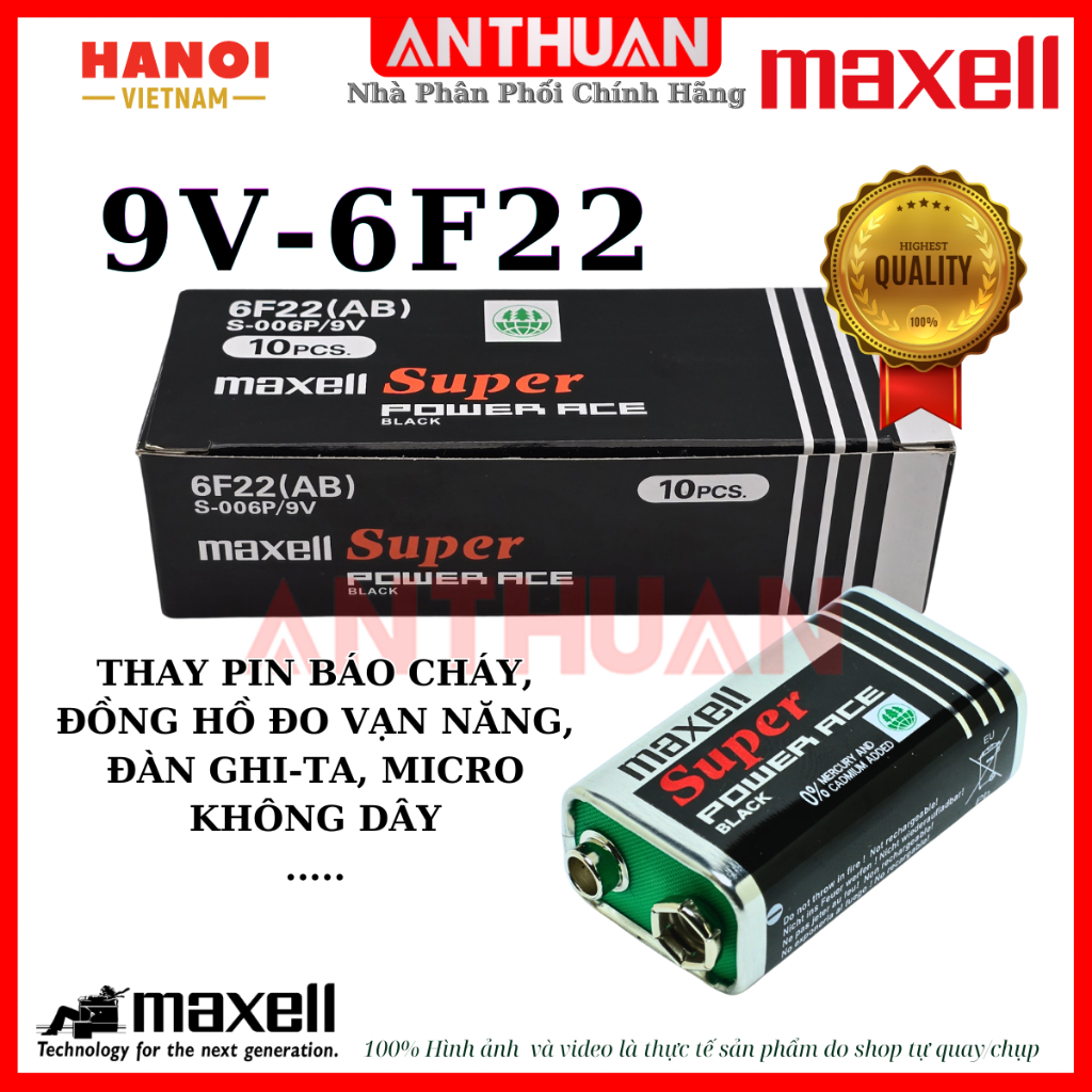 Pin Vuông 9V Maxell 6F22 chuyên dùng cho báo khói báo cháy, đồng hồ vạn ...