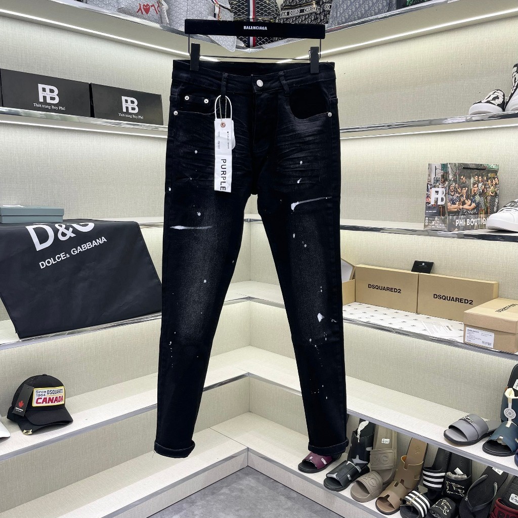 Quần Jean Purple Đen Vẩy Sơn - Jean A.MI.RI 4 Cúc Đen Vá Vải Xám Loang ...