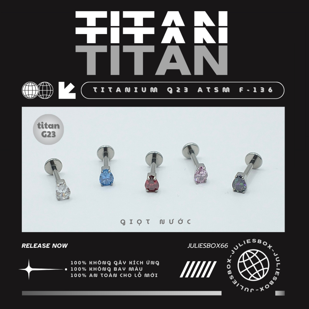 [1 CHIẾC] Khuyên tai, chất liệu titan G23 ASTM F-136 GIỌT NƯỚC Không Gỉ ...