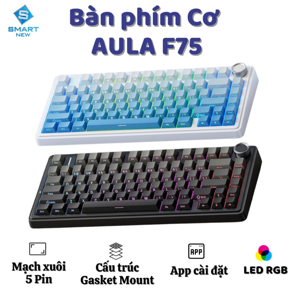 Bàn phím cơ Aula F75 không dây 3 mode - Mạch Xuôi - Hỗ trợ hotswap 5 pin - LED RGB - Có App ...