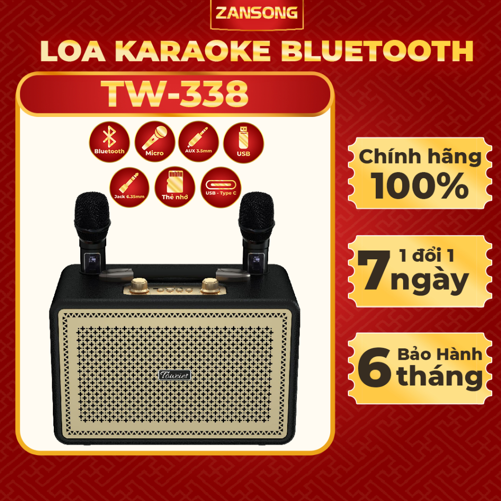 Loa bluetooth karaoke TW338 kèm 2 micro không dây di động công xuất 20W ...