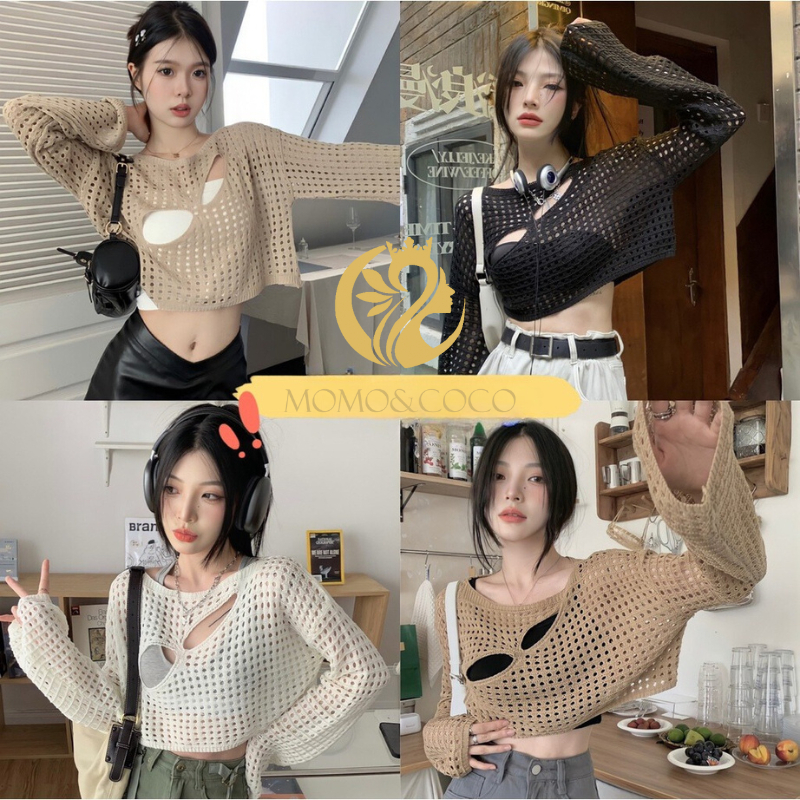 MOMO＆COCO Áo croptop dệt kim Đan Lưới tay dài Áo ngắn phong cách Hàn ...