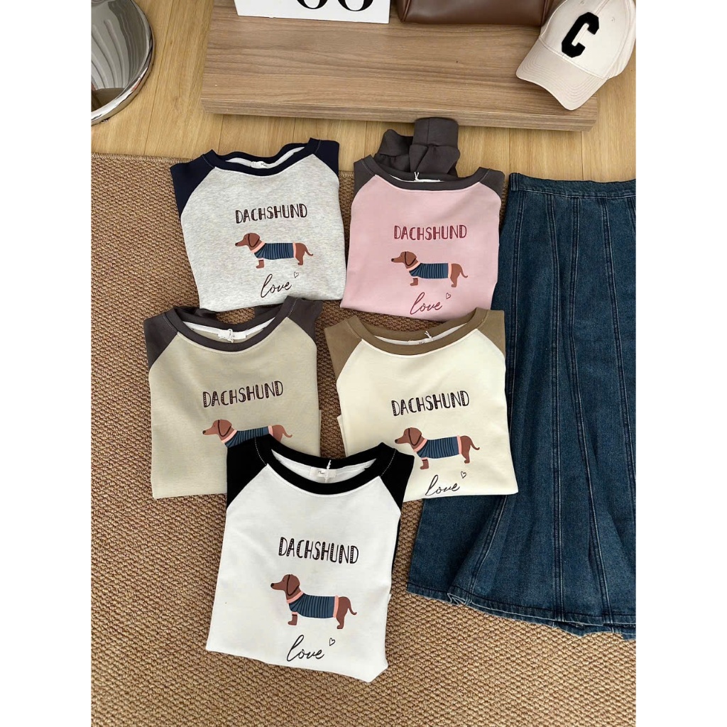 [SHOPPUMI] Áo pull da cá cổ tròn tay dài raplan in chữ Dachshund nhiều ...