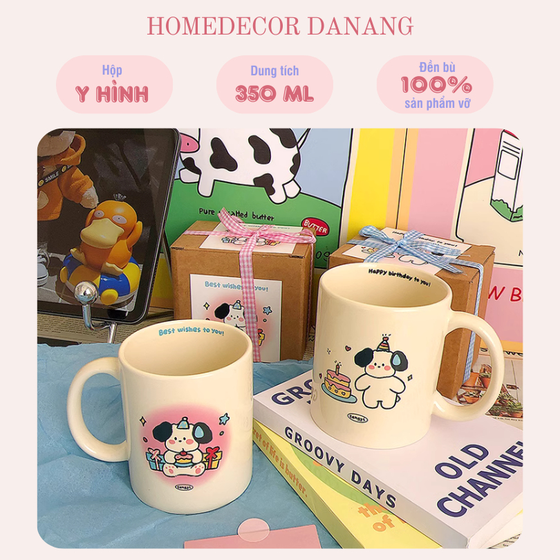 [Kèm hộp+túi+thiệp] Cốc sứ tráng men cún con hoạt hình, ly sứ quà tặng ...