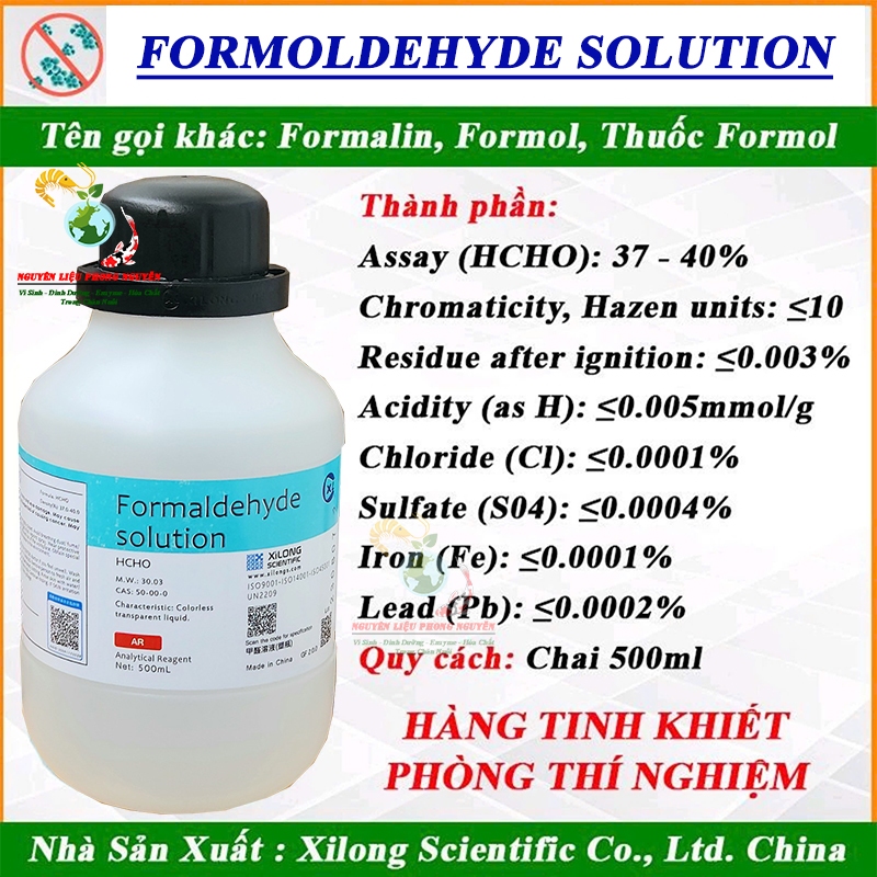 Formaldehyde, Formal, Formalin, HCHO 37 - 40% chai 500ml diệt khuẩn ao, khử trùng chuồng trại ...