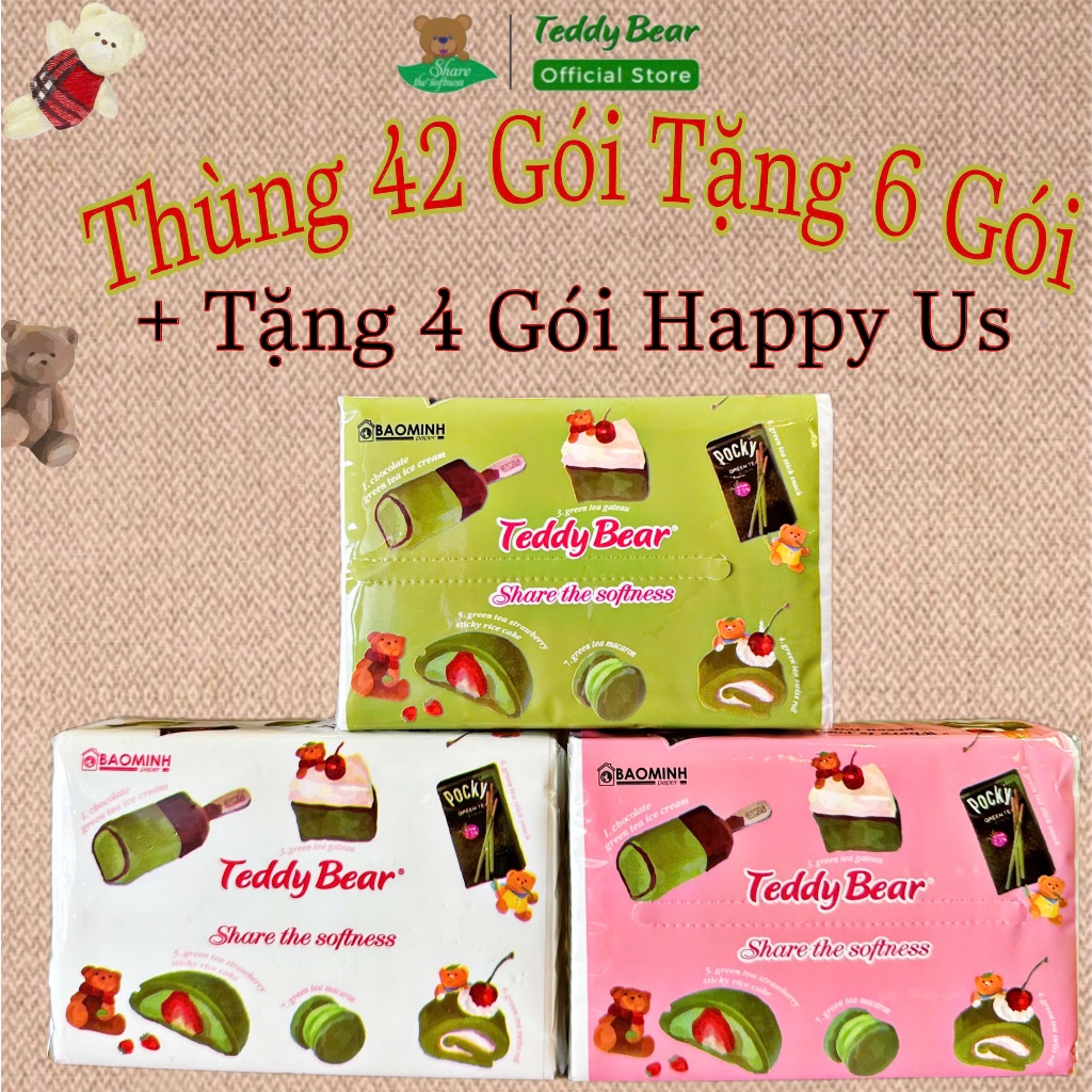 Thùng 42 Gói Tặng 6 Gói Giấy Ăn Rút Lụa Trắng 4 Lớp 360 Tờ TEDDY BEAR Essential Softness Mềm Mại ...