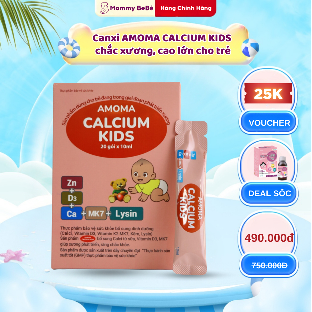 Canxi AMOMA CALCIUM KIDS hộp 10ml/20 gói - Bổ sung Calci từ sữa, Vitamin D3. MK7, chắc xương ...
