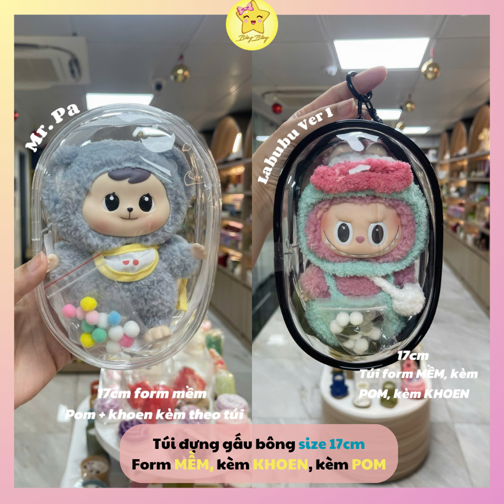 Túi Nhựa Dẻo Mềm 17CM Đựng LABUBU, MOKOKO, MR.PA, MIGO... kèm Khoen ...